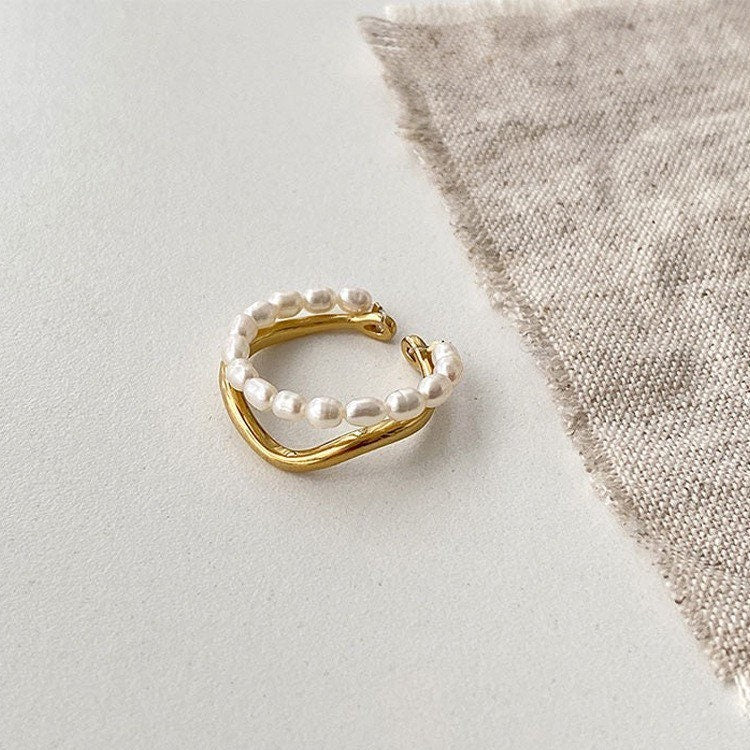Gold Wavy Pearl Open Ring Lustrous Embrace – A.M.Jewelry Studio